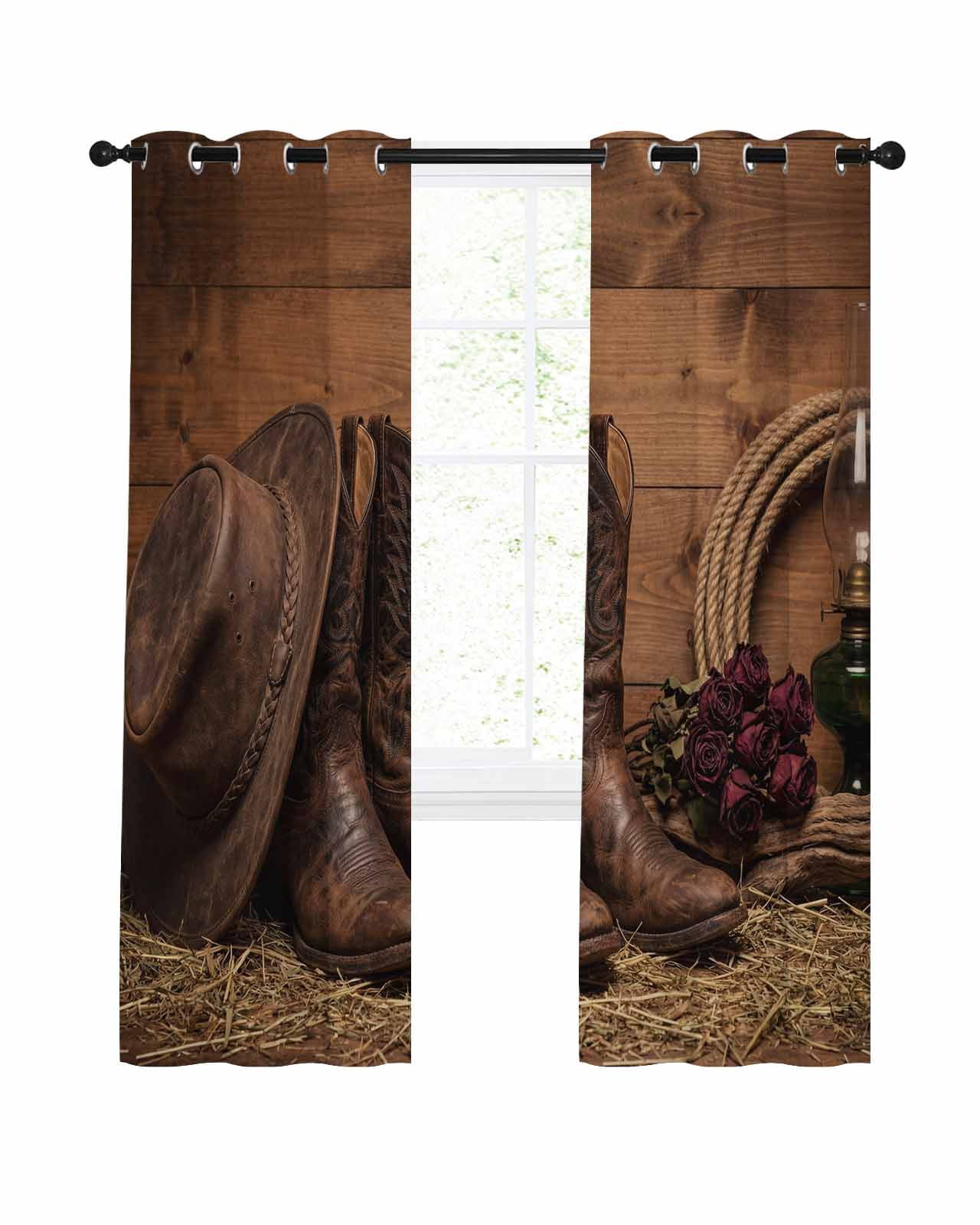 Cowboy Boots Hats Blackout Curtains 63 Inch Length Red Rose Retro ...