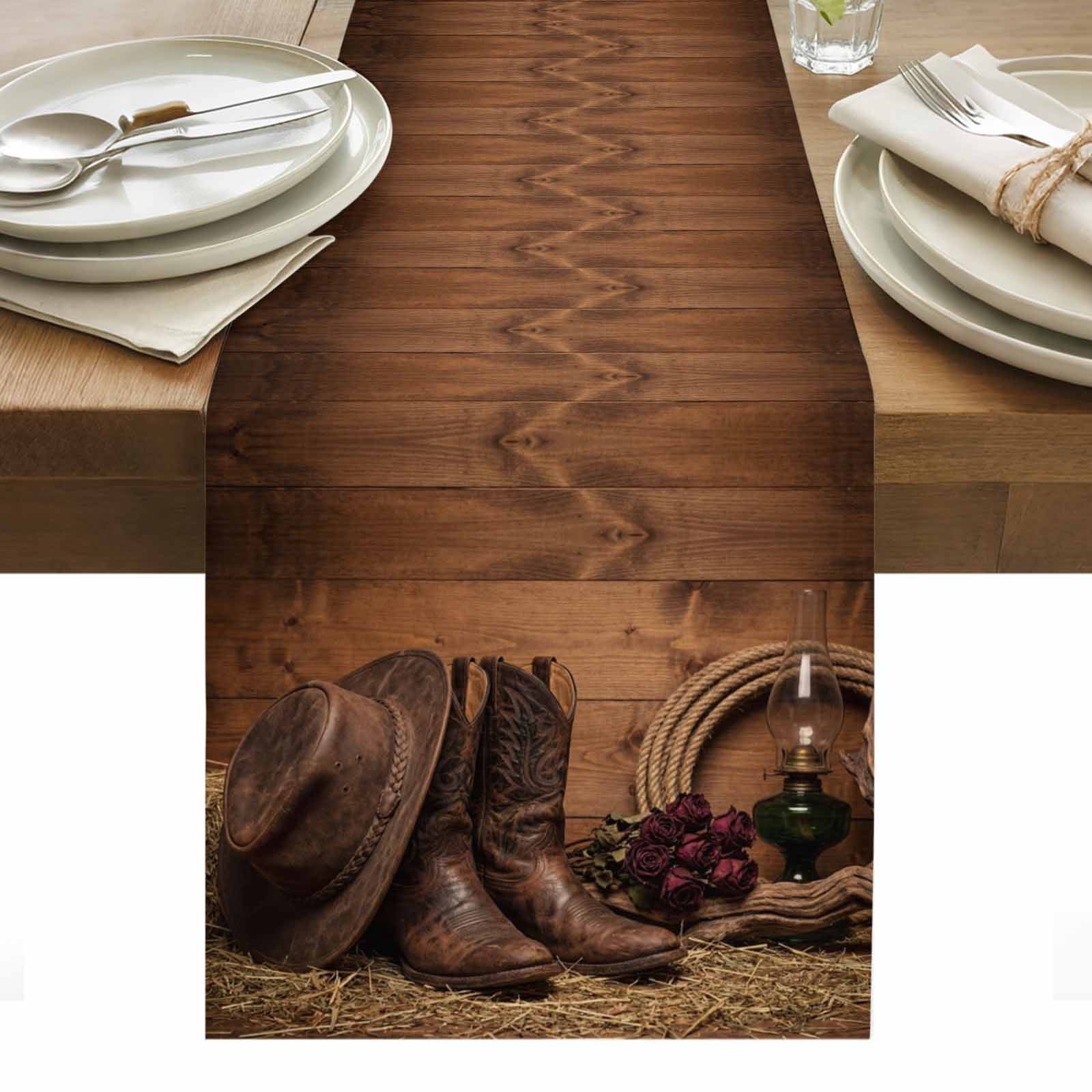 Cowboy Boots Hats Cotton Linen Table Runner Red Rose Retro Farmhouses ...