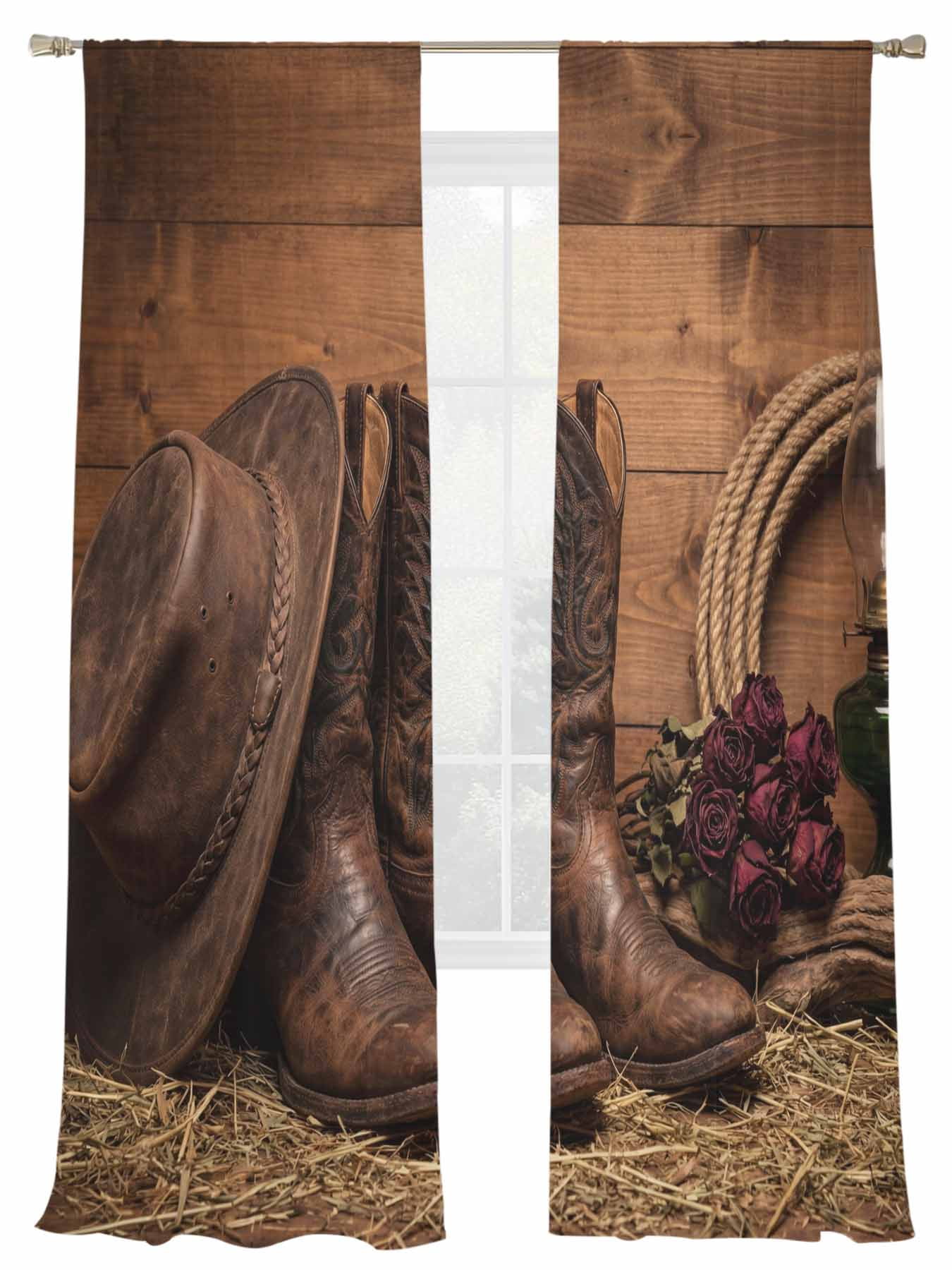 Cowboy Boots Hats Sheer Curtains 2 Panels Set Red Rose Retro Farmhouses ...