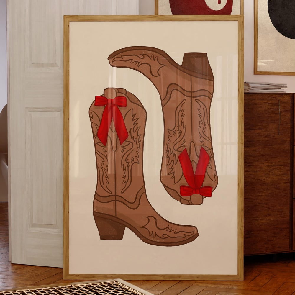 Cowboy Boots Print: Retro Western Art With Red Bows UNFRAMED PAPER ...