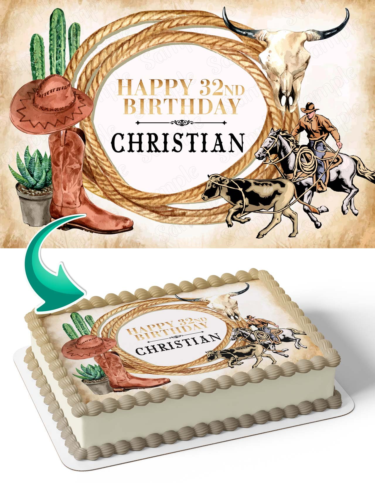 Customizable Western Frosting Edible Image 1/4 Cake Sheet Topper with ...