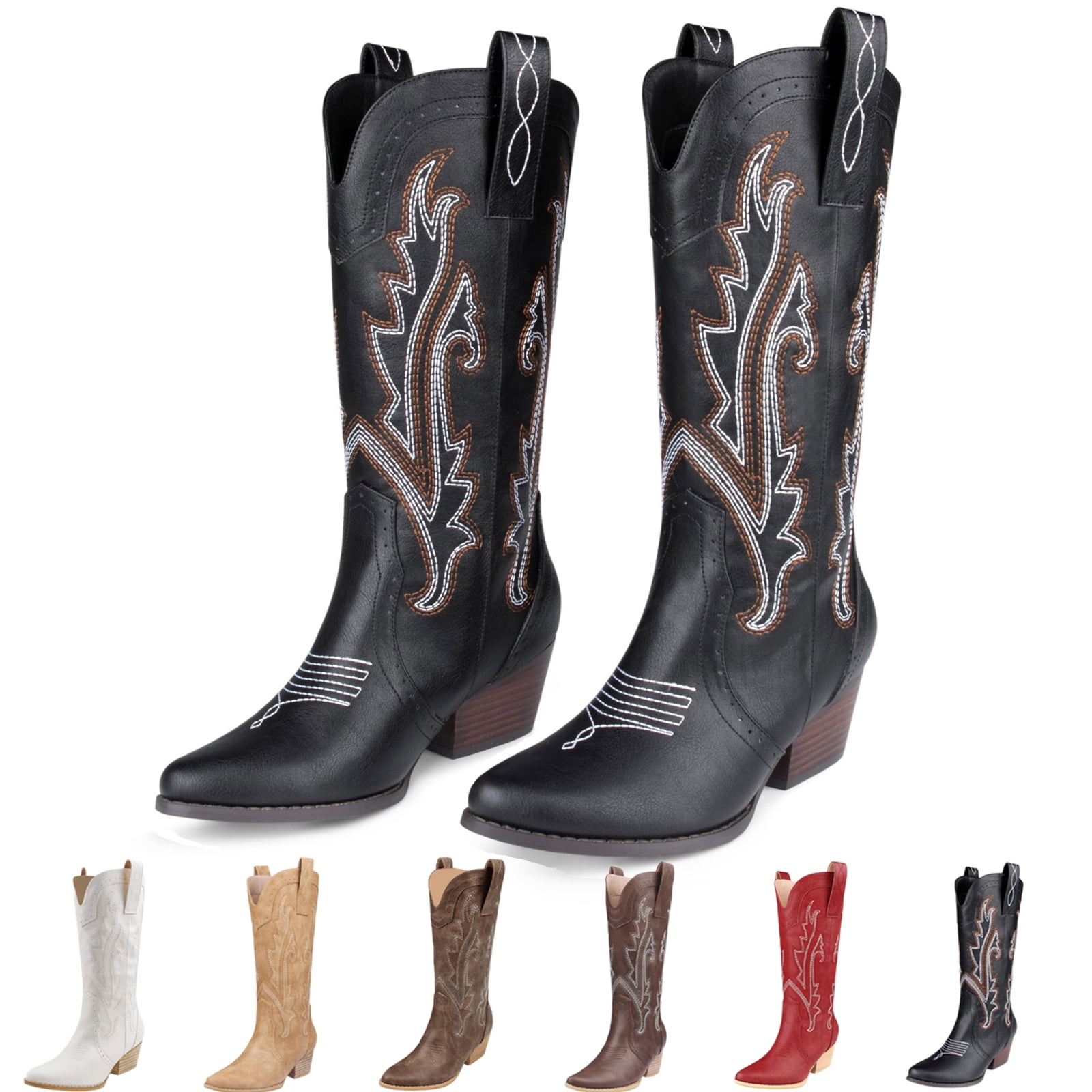 Cowboy Boots for Women Black Cowboy Boots with Wide Square Toe Retro ...