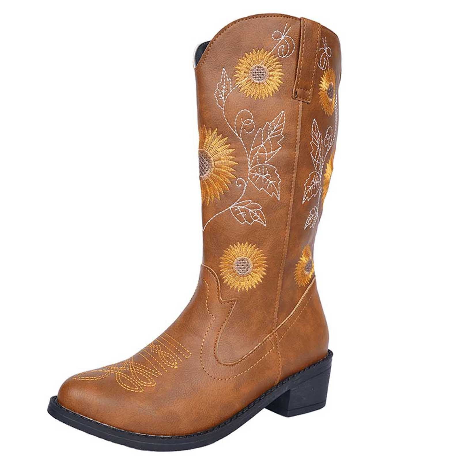Cowboy Boots for Women - Mid Calf Western Sunflower Boots with Floral ...