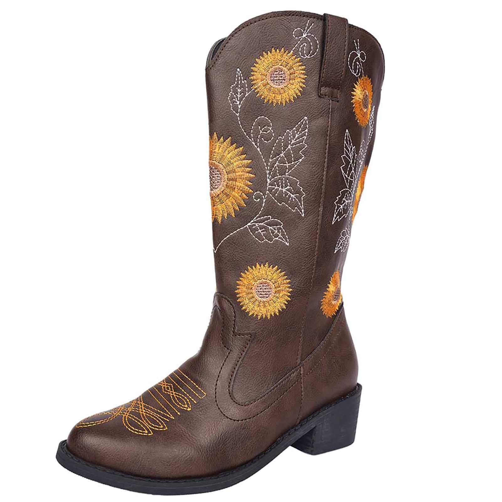 Cowboy Boots for Women - Mid Calf Western Sunflower Boots with Floral ...