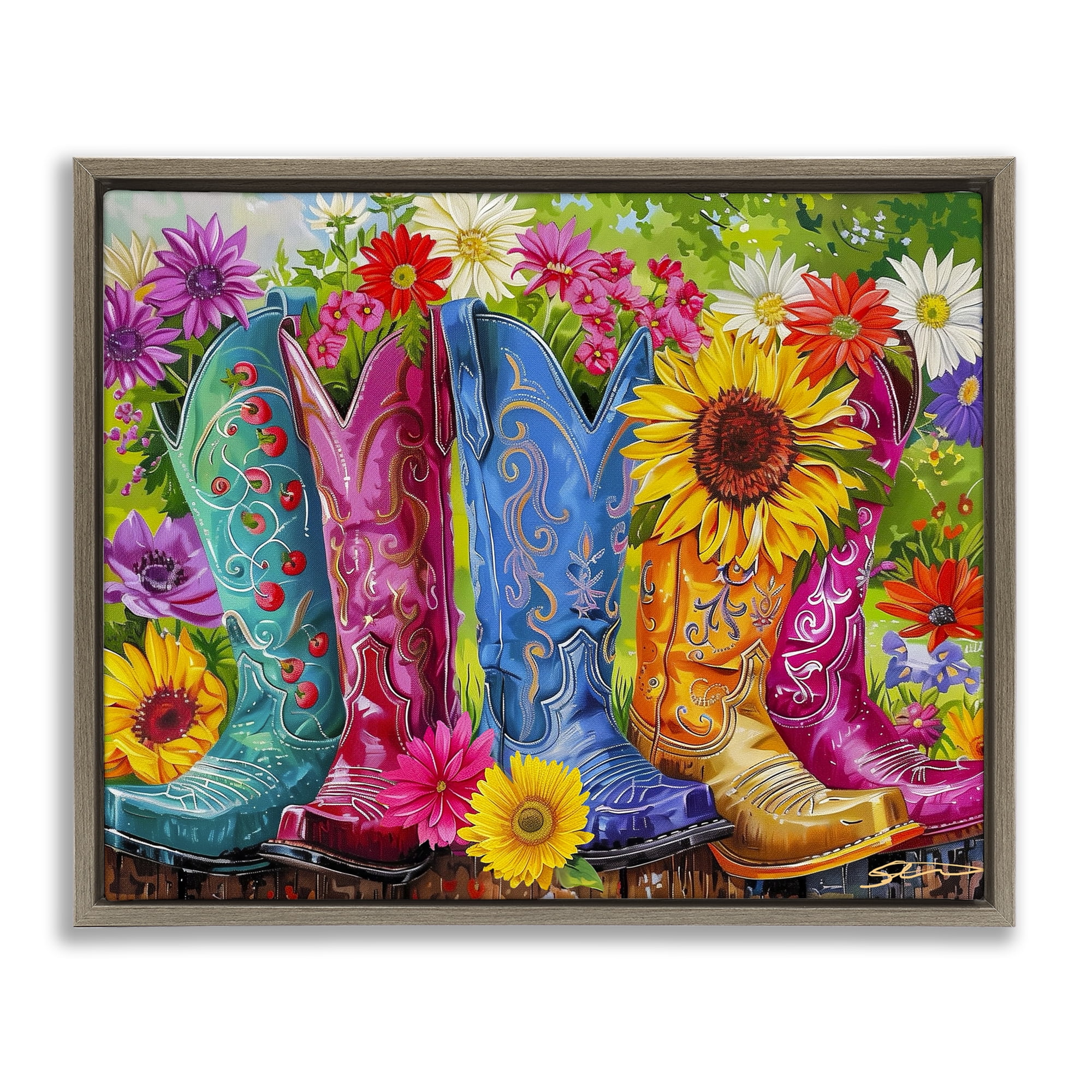 Cowboy Boots and Sunflowers Brown Framed Floater Canvas Wall Art ...