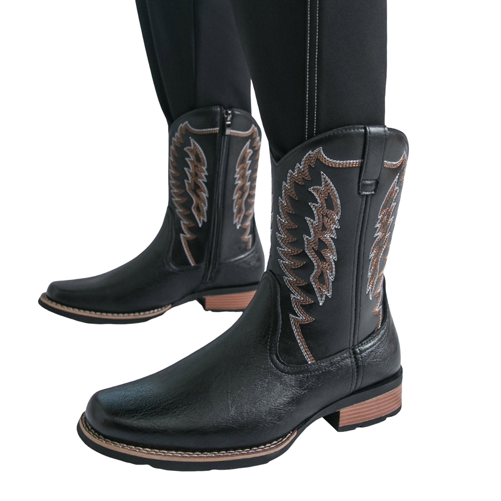 Cowboy Boots for Men Slip on Western Work Booties Embroidered Square ...