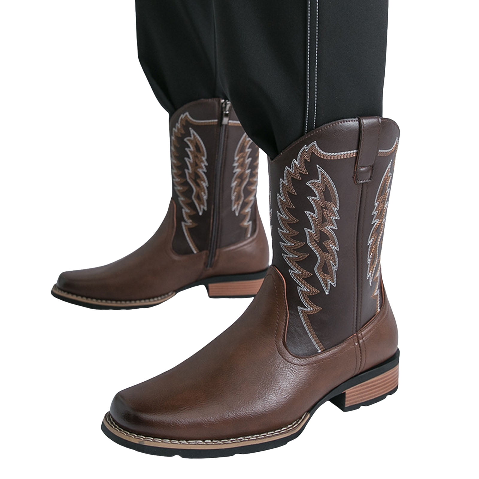 Cowboy Boots for Men Square Toe Western Slip on Work Booties Retro ...