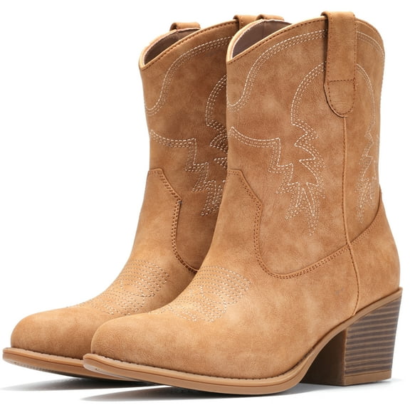 Cowboy Boots for Women Ankle Western Cowgirl Boots Mid Calf Pointed Toe Short Chunky Classic ...