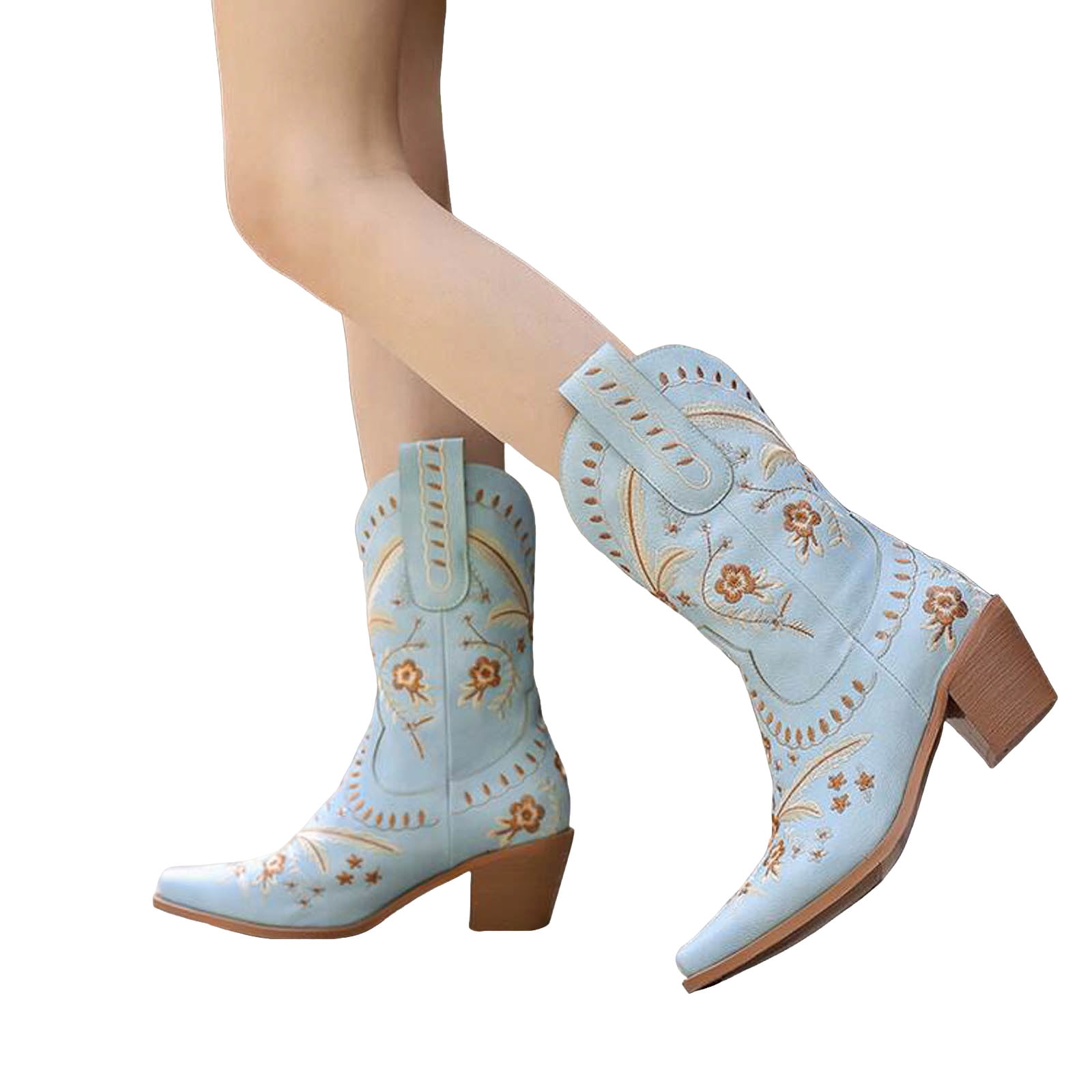 Cowboy Boots for Women Floral Embroidery Pointed Toe Chunky Heel Mid ...