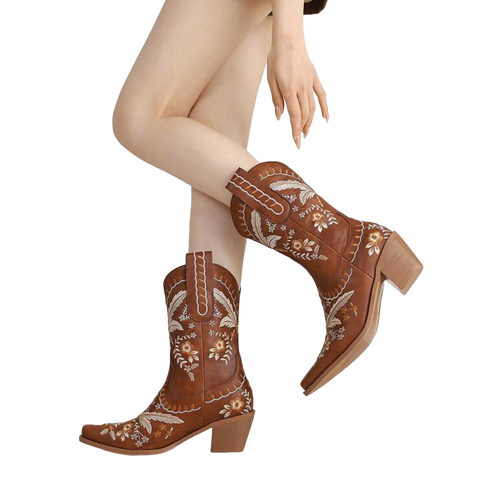 Cowboy Boots for Women Floral Embroidery Pointed Toe Chunky Heel Mid ...