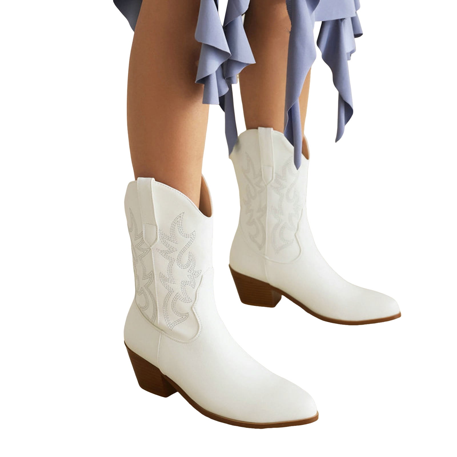 Cowboy Boots for Women Pull on Embroidery Round Toe Western Mid Calf Boots Low Chunky Heel ...