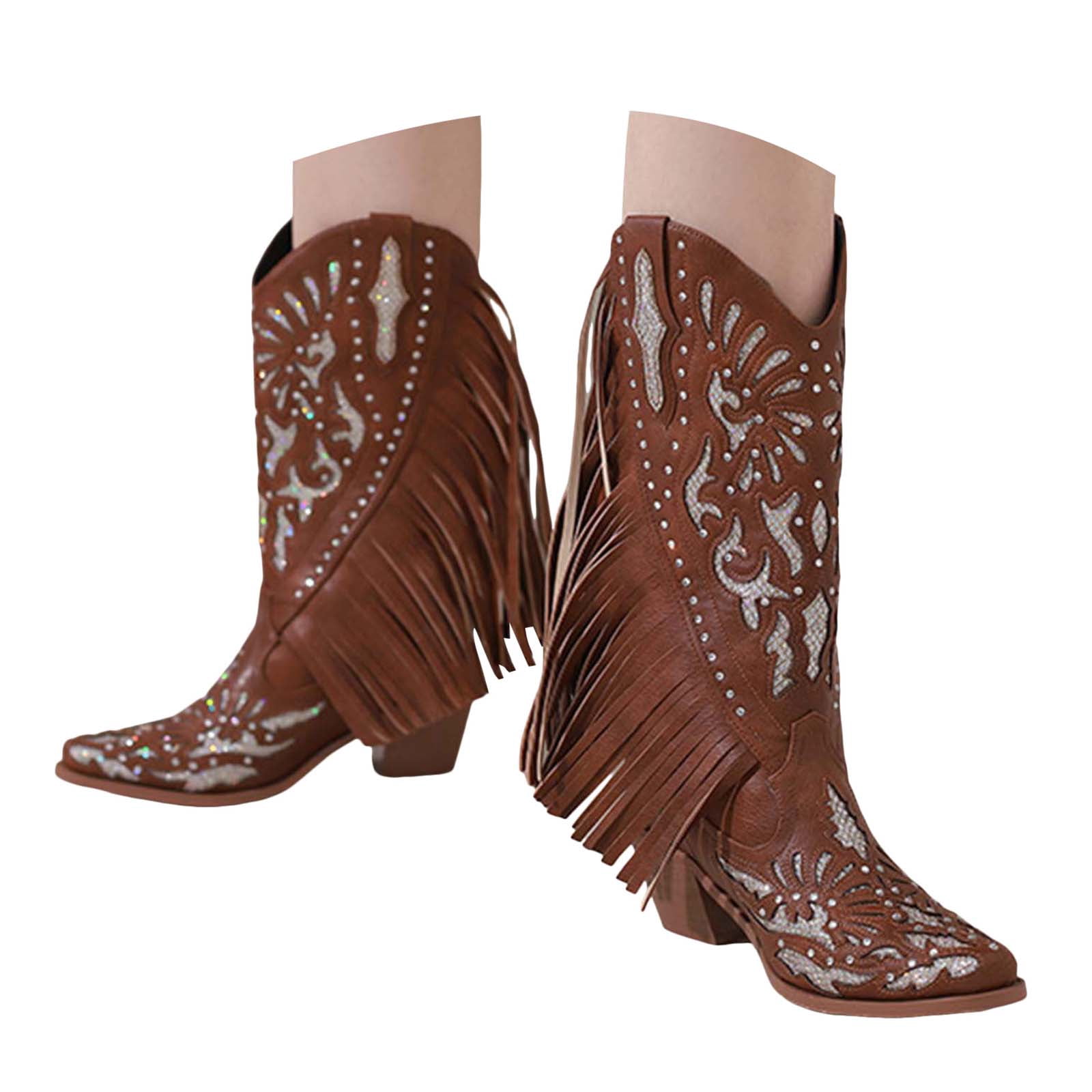 Cowboy Boots for Women Retro Pointed Toe Pull On Block Chunky Heel ...