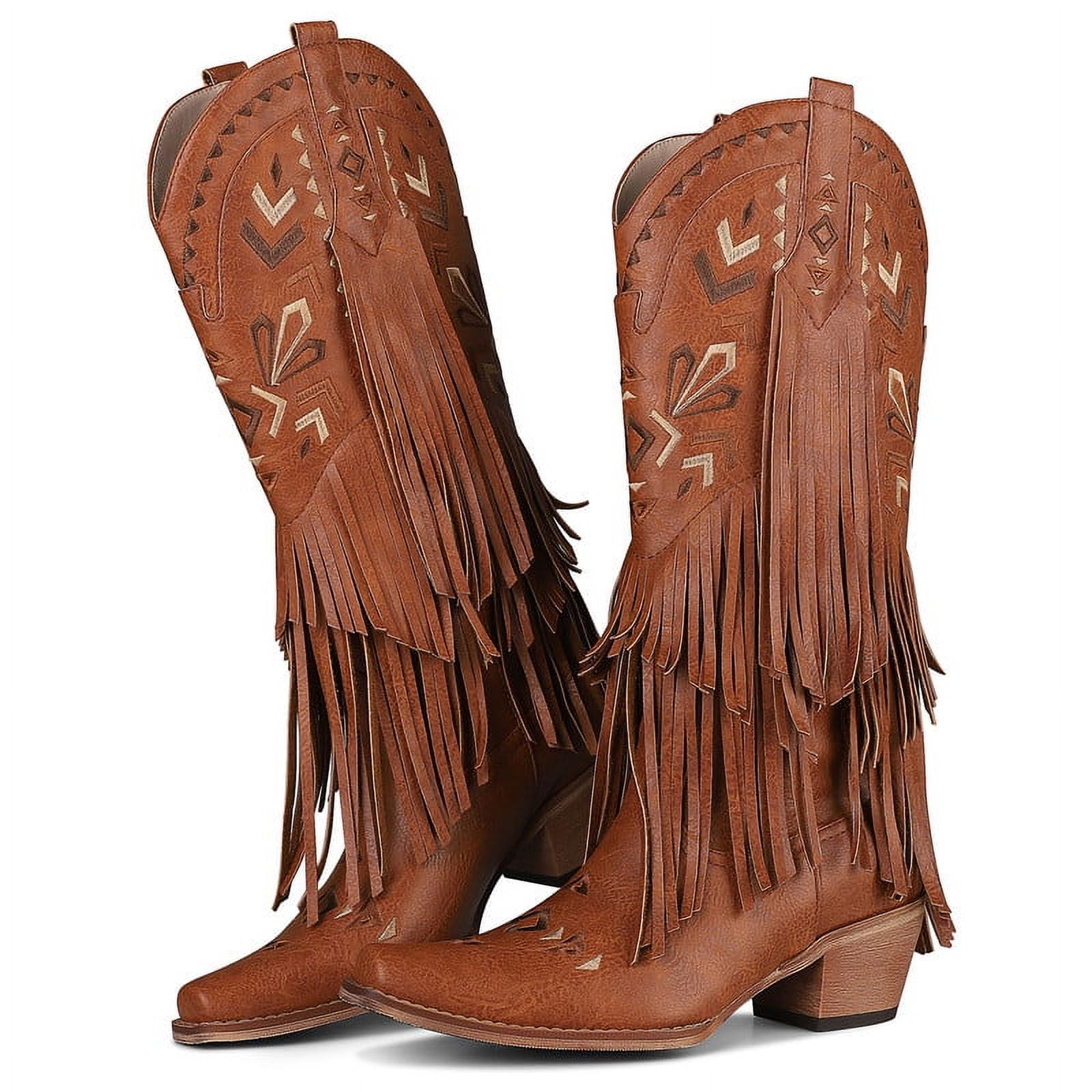 Cowboy Boots for Women Tassel Cowgirl Boot Knee High Boots Almond Toe ...