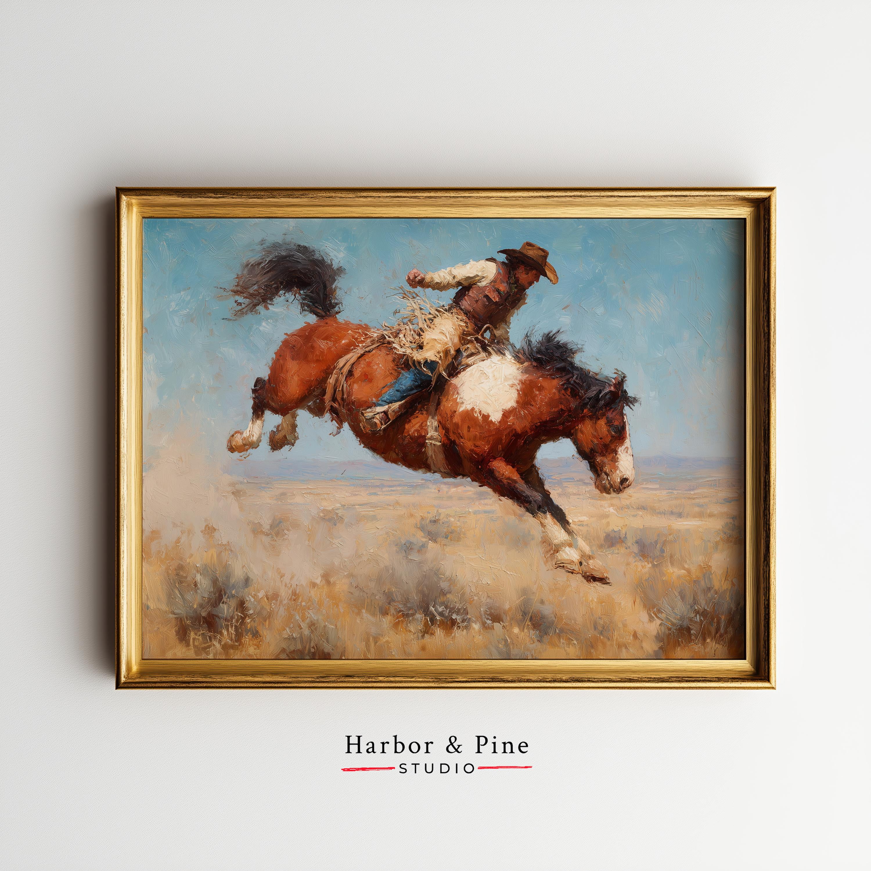 Cowboy On Bucking Bronco - Rustic Western Art, Rodeo Scene, Vintage ...