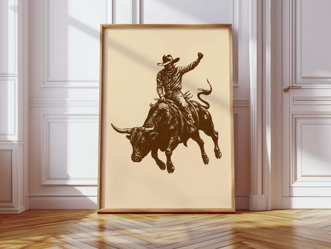Cowboy Bull Riding Print – Rustic Rodeo Wall Art, Western Silhouette ...