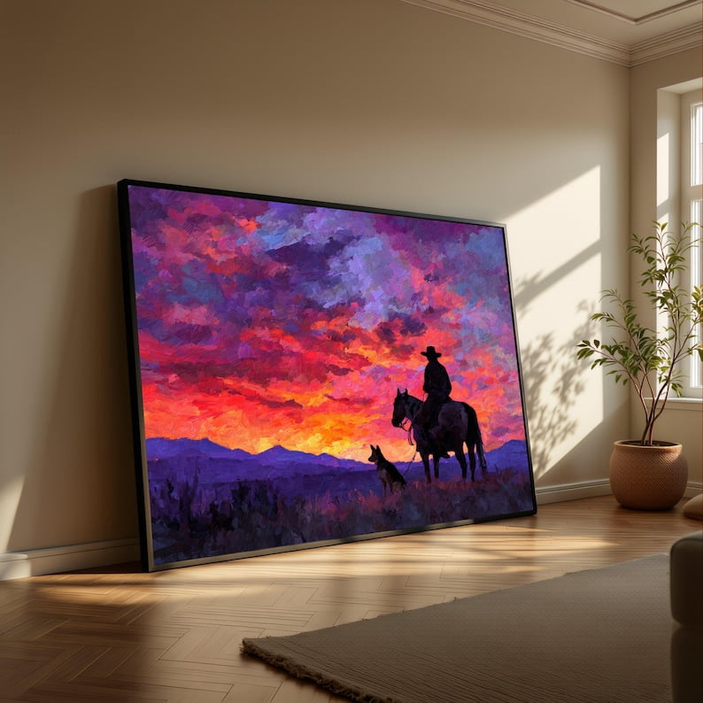 Cowboy Canvas Painting with Horse and Dog, Western Sunset Wall Art ...