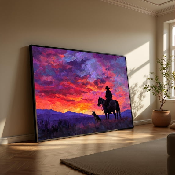 Cowboy Canvas Painting with Horse and Dog, Western Sunset Wall Art ...