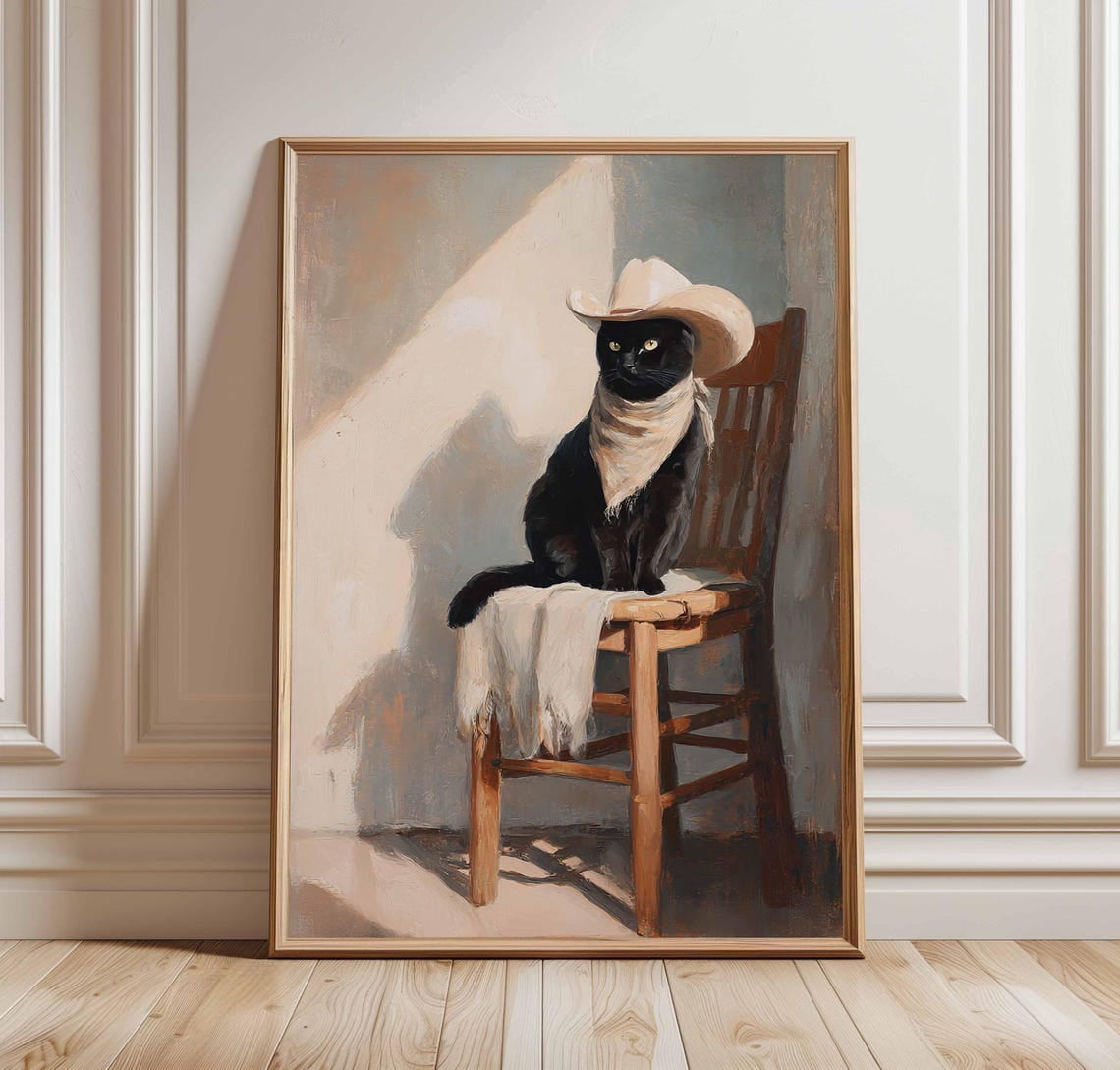 Cowboy Cat Black Cat Cowboy Hat Rustic Western Pet Portrait Unframed ...