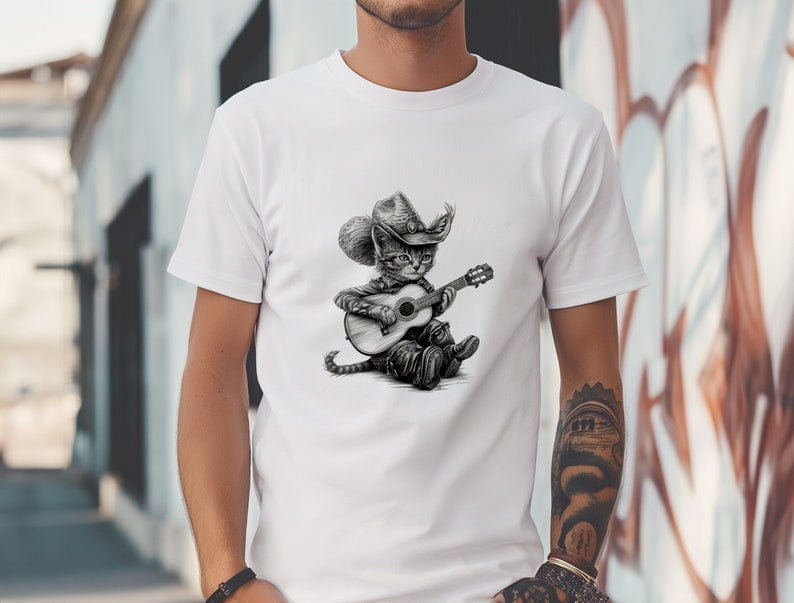 Cowboy Cat Guitarist Tee, Western Kitty Playing Guitar Artwork, Cute ...