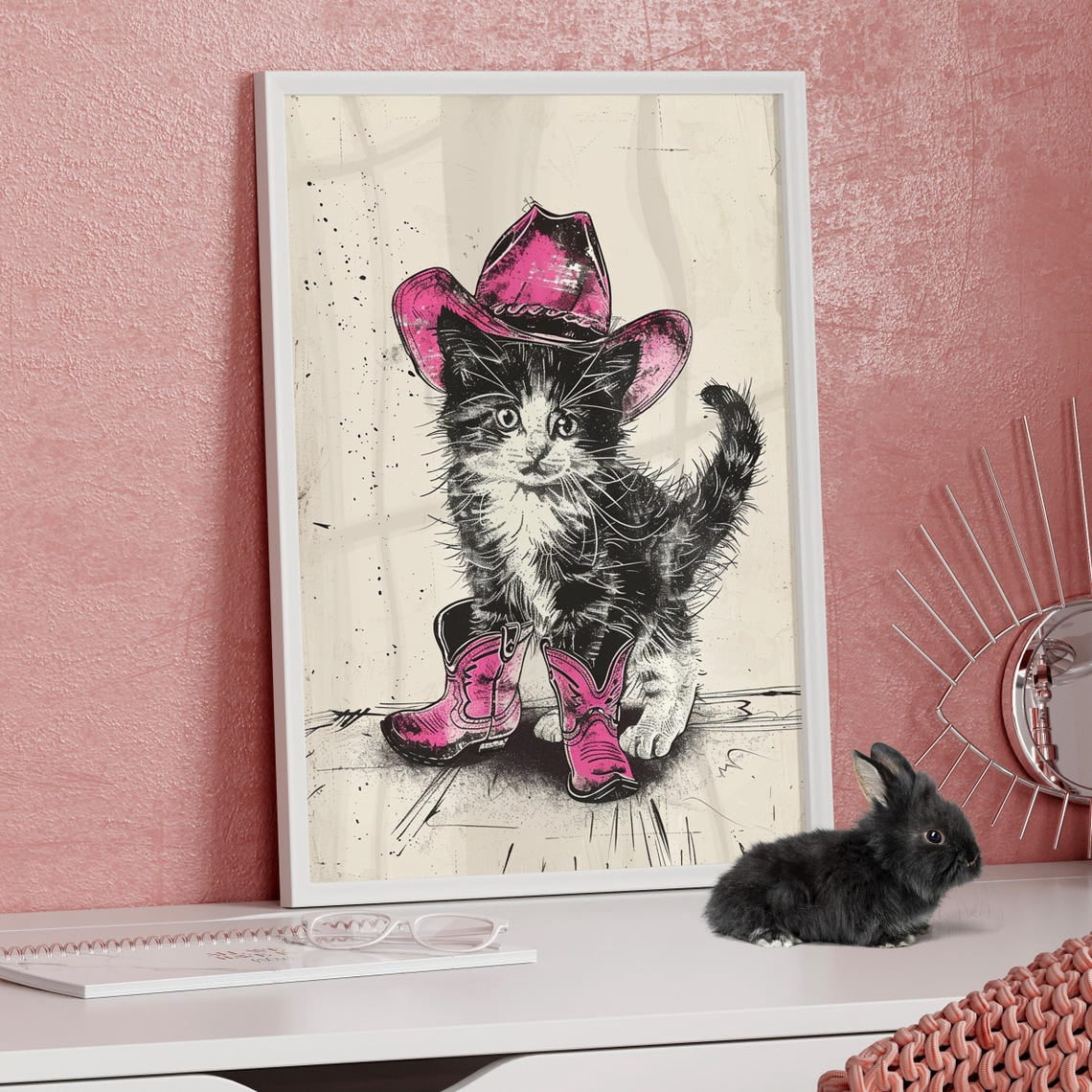 Cowboy Cat Pink Hat Boots Wall Art Whimsical Nursery Decor, Stretched ...