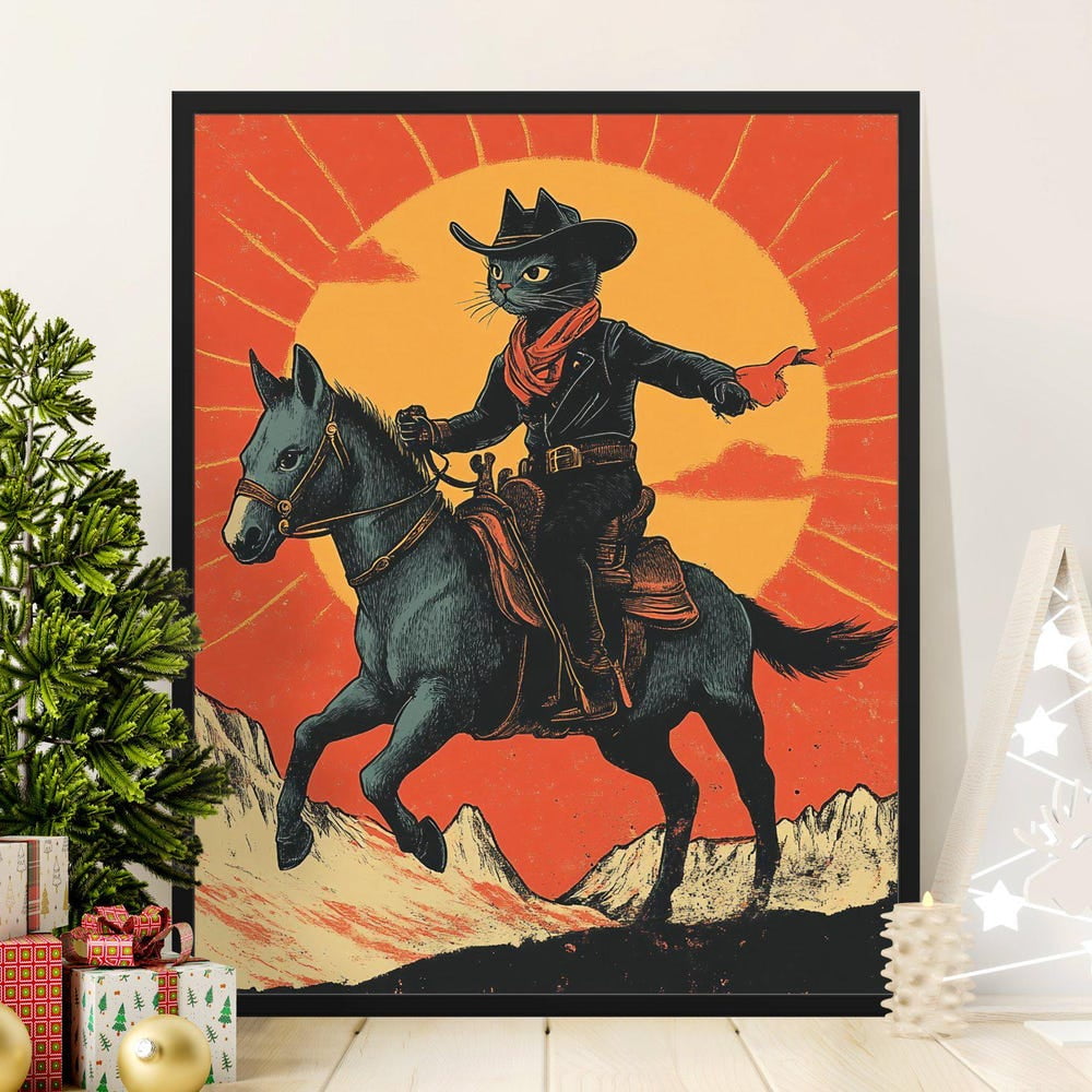 Cowboy Cat Poster, Fun Vintage Art Print, Western Themed Decor ...