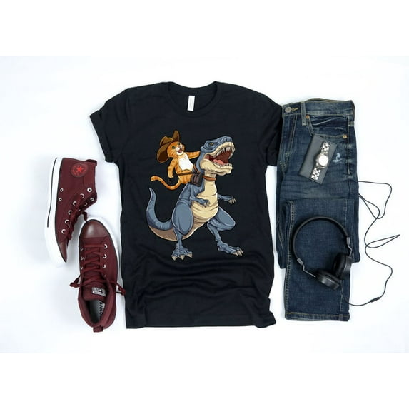 Cowboy Cat Riding T-Rex Tee, Cute Western Dinosaur Theme Graphic, Unisex Cotton T-Shirt, Sizes S ...