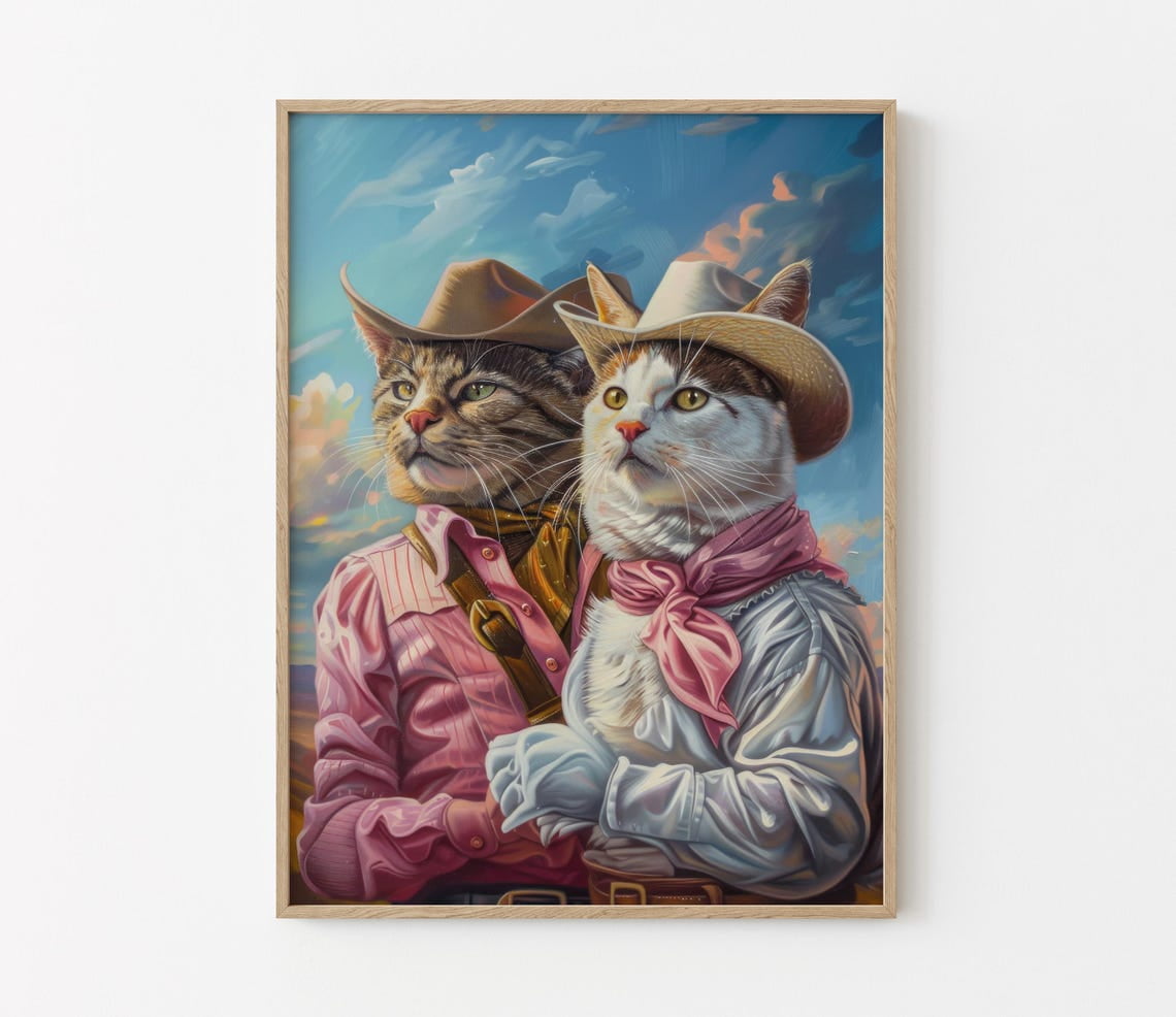 Cowboy Cats Oil Painting Print, Cowboy Cats Print, Colorful Wall Art ...