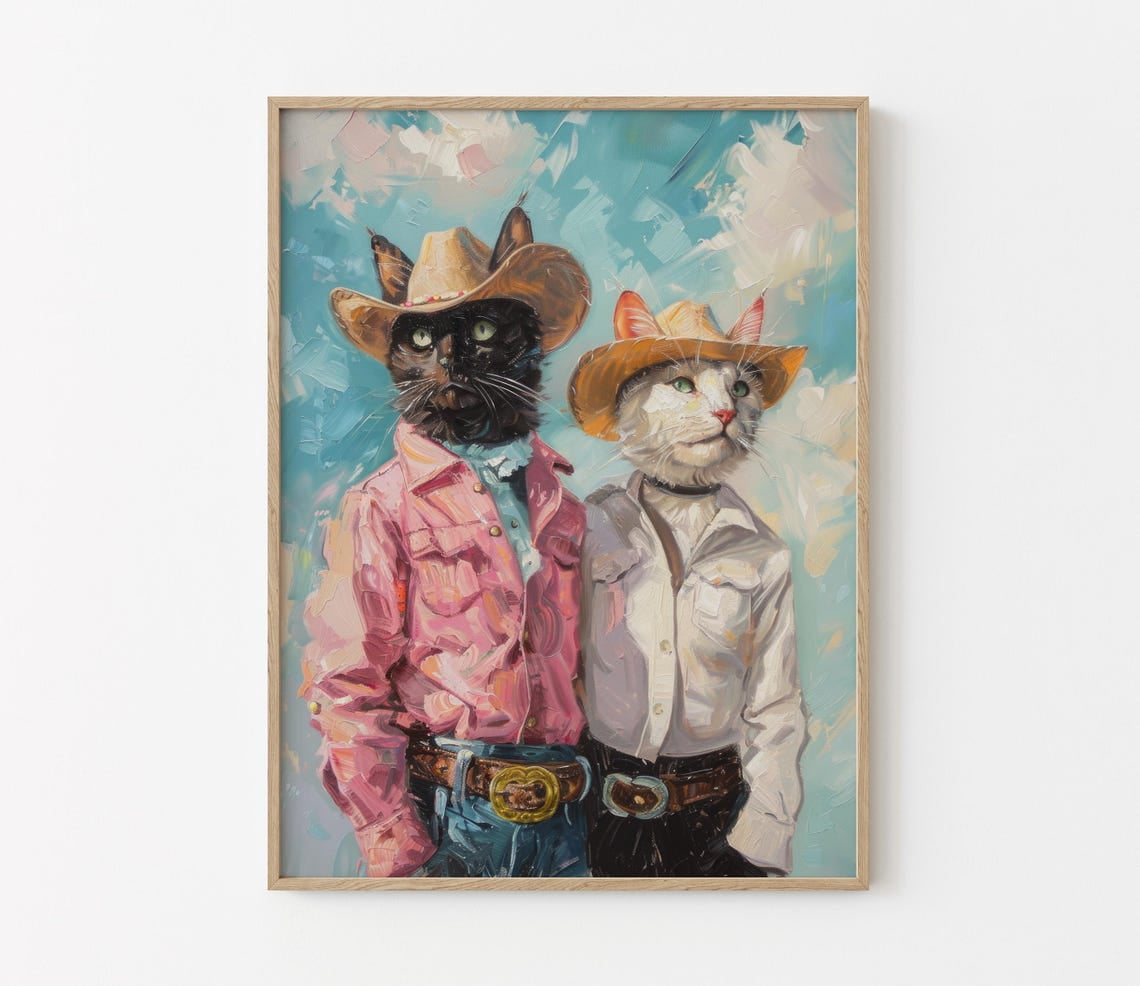 Cowboy Cats Oil Painting Print, Cowboy Cats Print, Colorful Wall Art ...