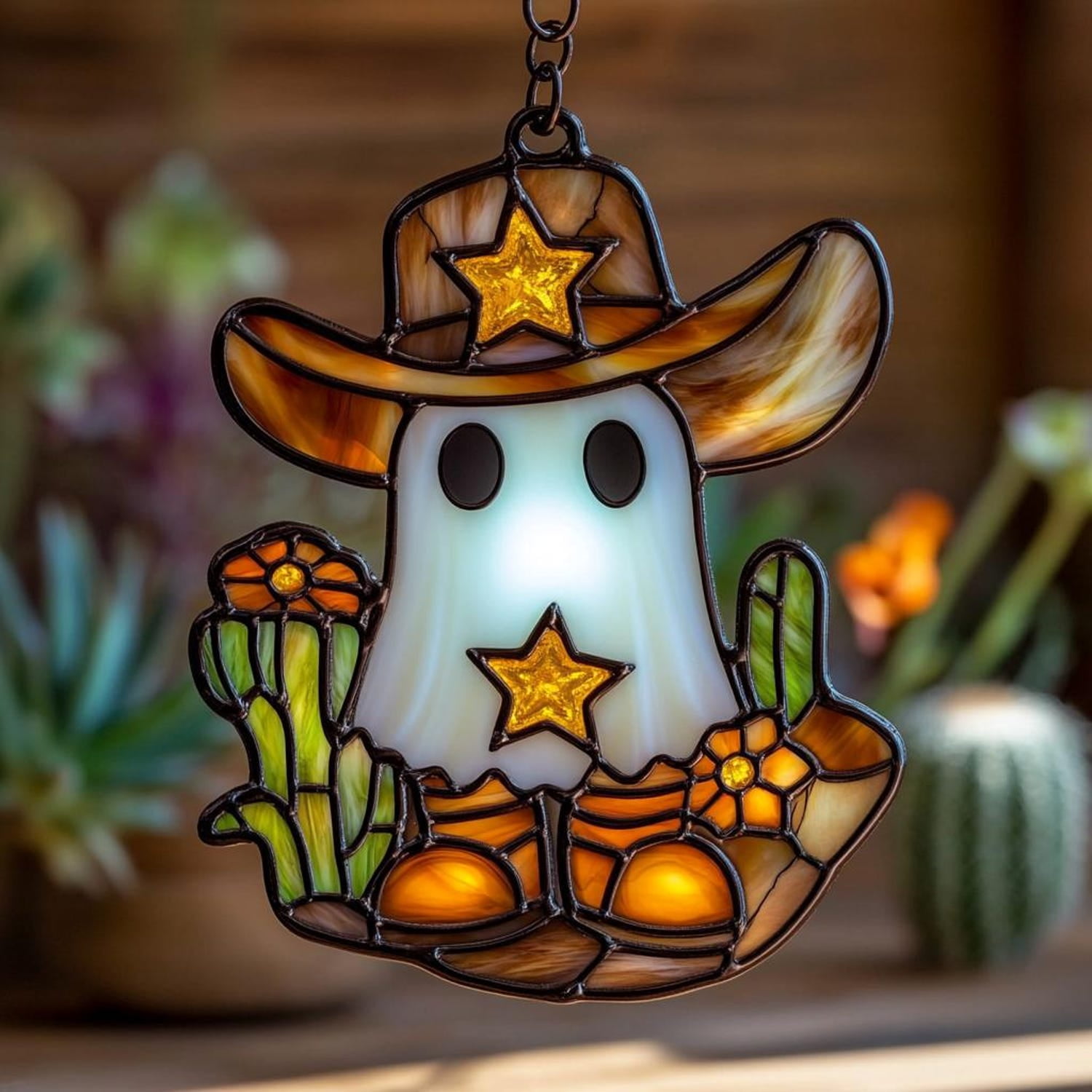 Cowboy Ghost Acrylic Suncatcher - Western Faux Stained Glass Window ...