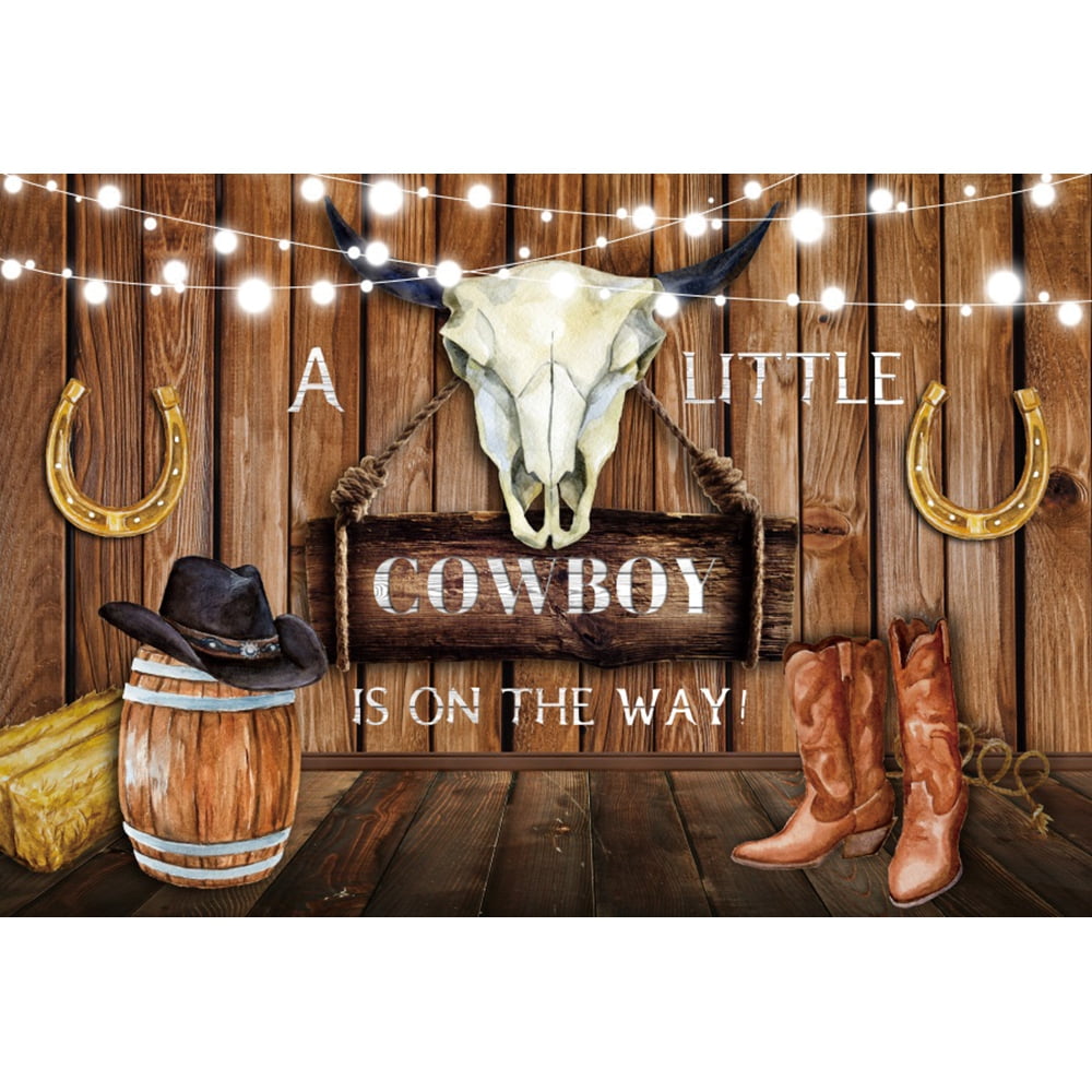 Cowboy Happy Birthday Backdrop Vintage Wooden Board Horse Guitar Hat ...