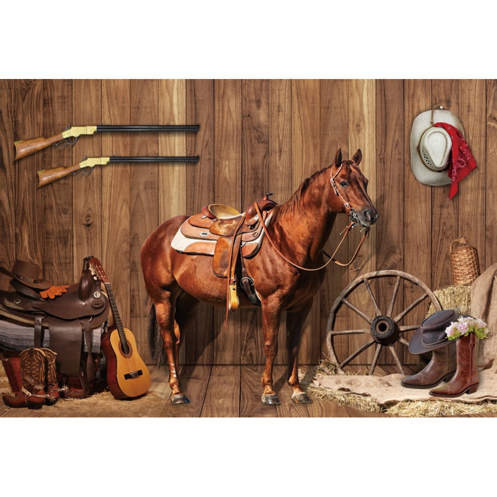 Cowboy Happy Birthday Backdrop Vintage Wooden Board Horse Guitar Hat ...