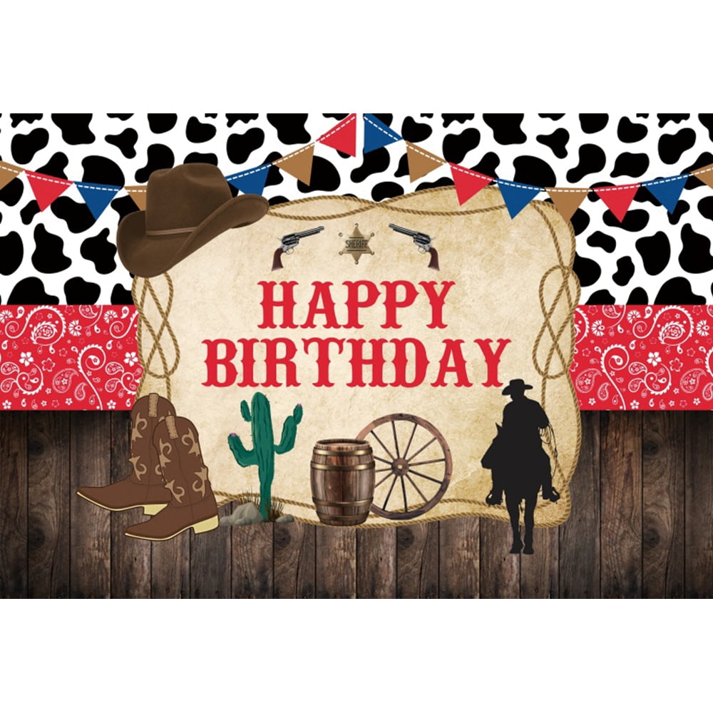 Cowboy Happy Birthday Backdrop Vintage Wooden Board Horse Guitar Hat ...