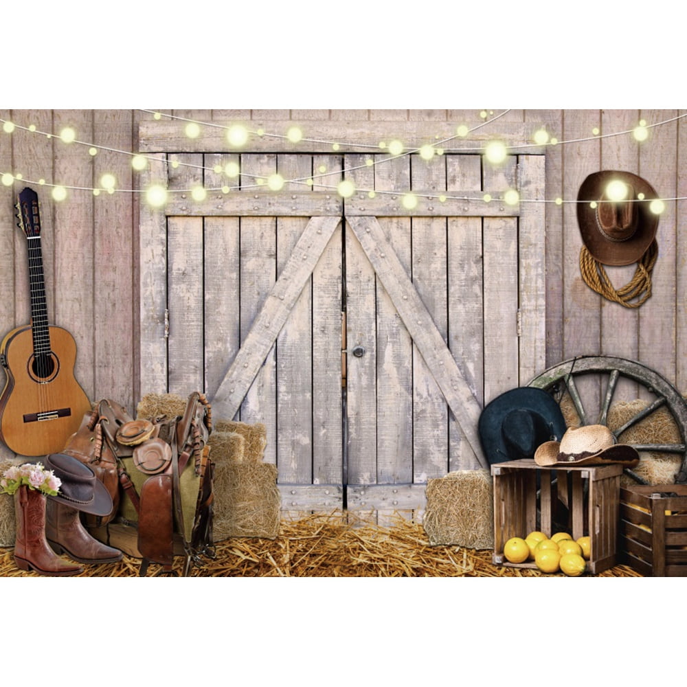 Cowboy Happy Birthday Backdrop Vintage Wooden Board Horse Guitar Hat ...