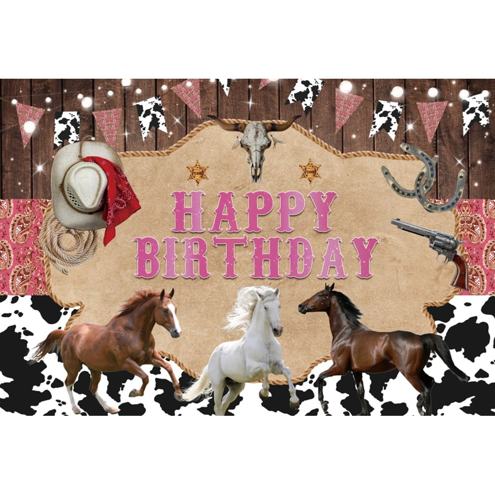 Cowboy Happy Birthday Backdrop Vintage Wooden Board Horse Guitar Hat ...
