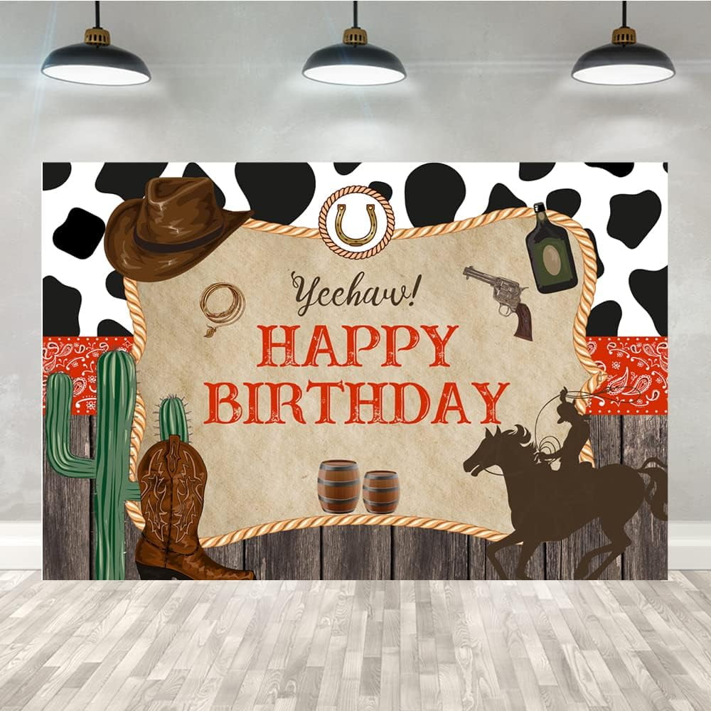 Cowboy Happy Birthday Backdrop Western Red Bandana and Rustic Wood ...
