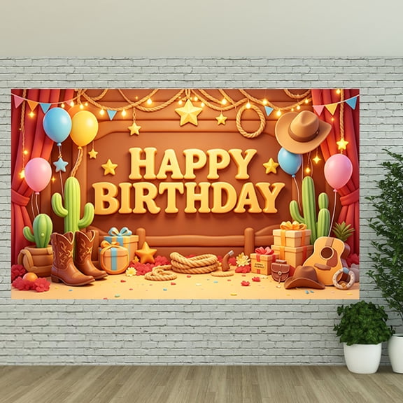 Happy Birthday Backdrop Night Campfire Christmas Tree Western Birthday ...