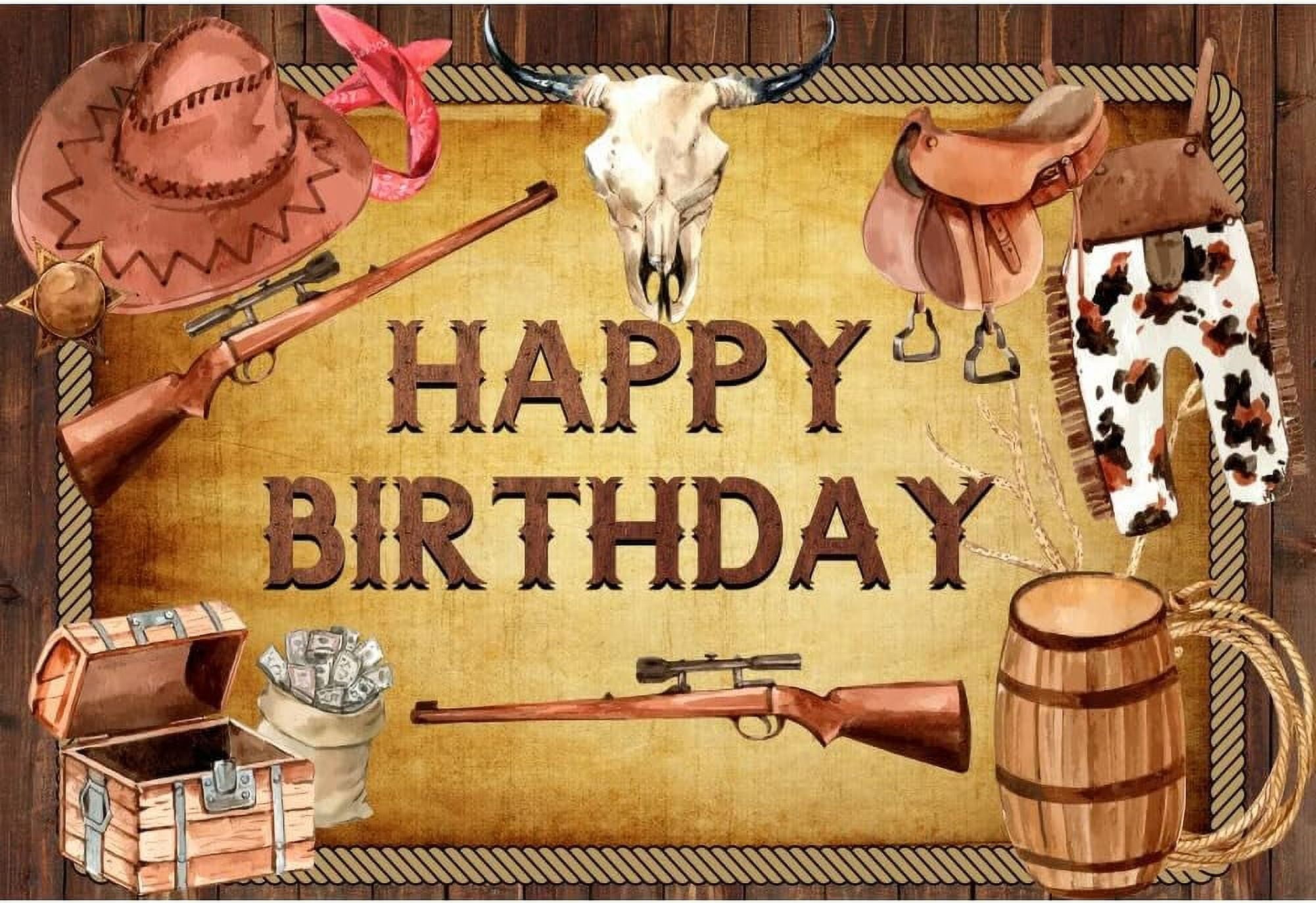 Cowboy Happy Birthday Polyester Backdrop Western Rustic Wooden Board ...