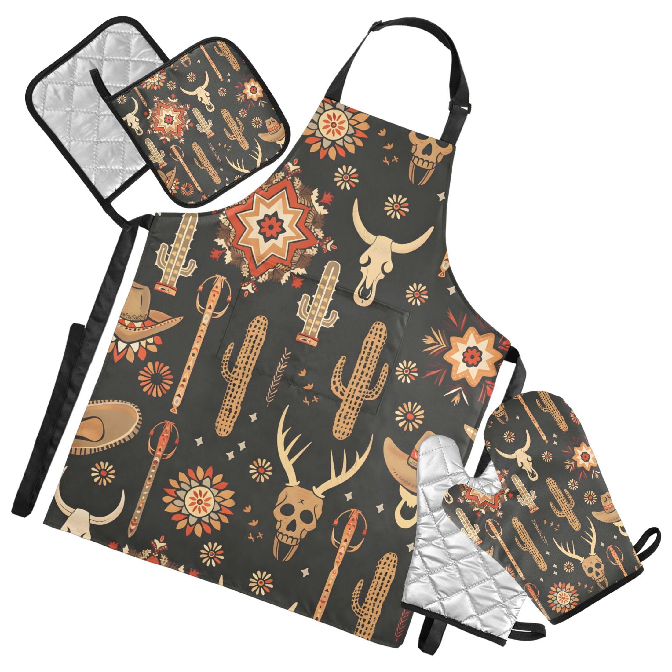 Cowboy Hat Cactus Cow Skull 5 Pcs Kitchen Set Heat Resistant Oven Mitts ...