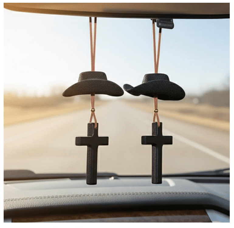 Cowboy Hat Car Hanging Charm with Cross, Felt Miniature Western Country ...