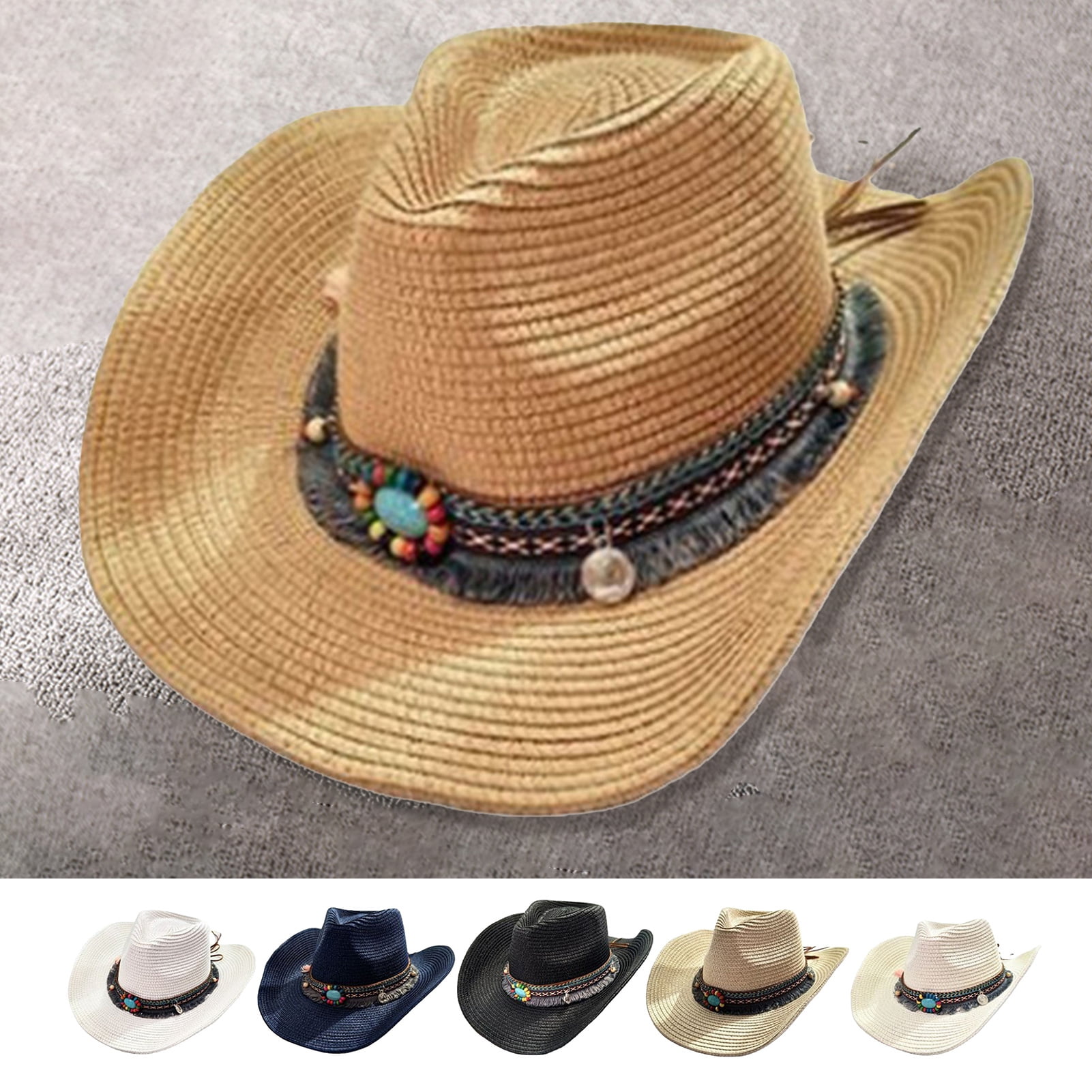 Cowboy Hat Classic Vintage Braided Curled Edge Wide Brim Men Sun Hat ...