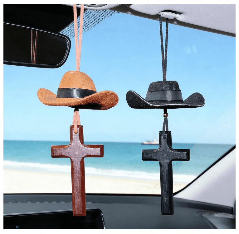 Cowboy Hat & Cross Car Charm | A Ride with Style & Faith, Rearview ...