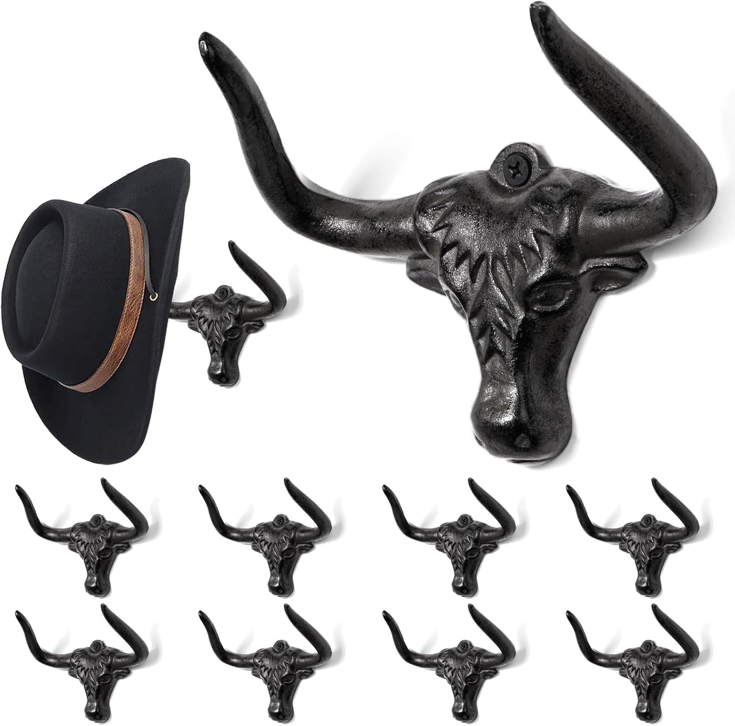 Cowboy Hat Rack for Wall 8 Pack Western Longhorn Hat Holder Cast Iron ...