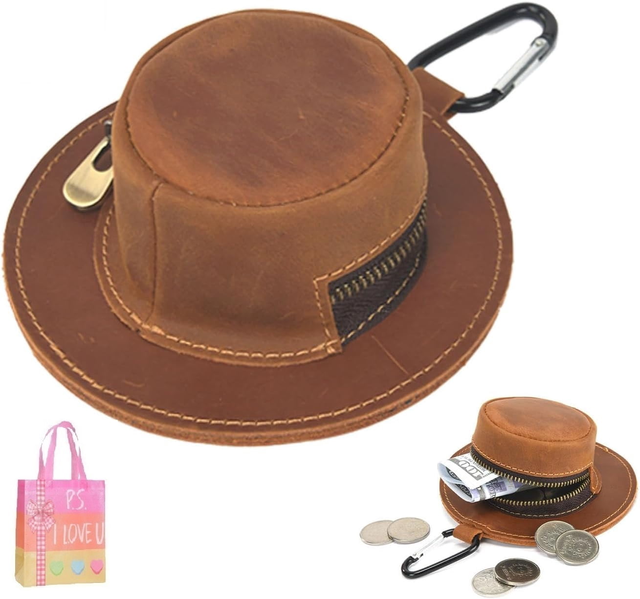 Cowboy Hat Shape Mini Leather Coin Purse - Retro Zippered Wallet with ...