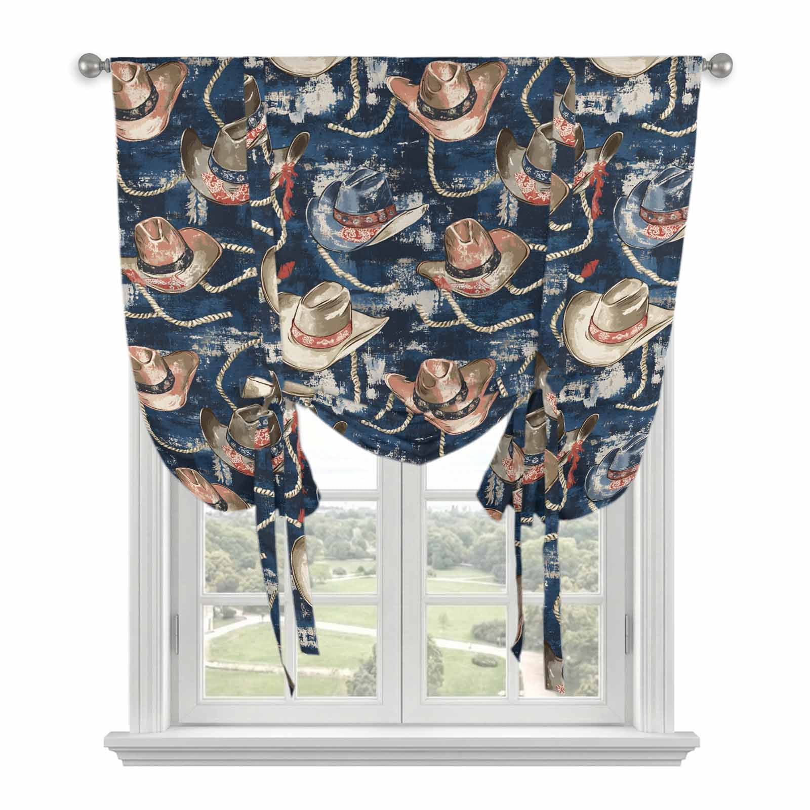 Cowboy Hat Watercolor Tie Up Curtain for Window, Vintage Western Desert ...