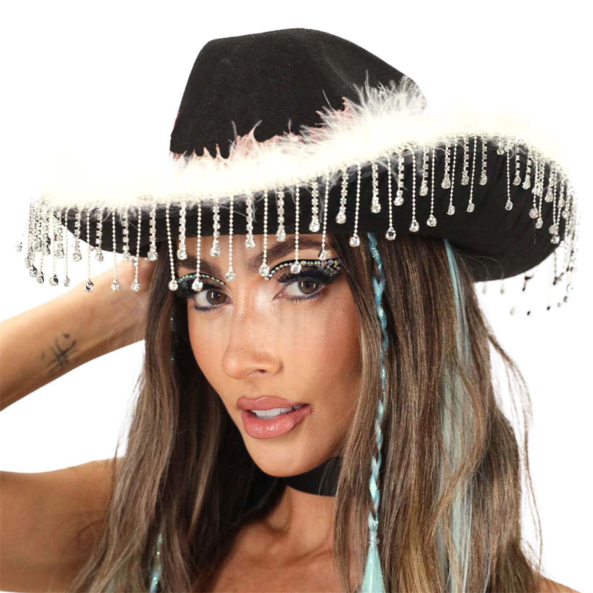 Cowboy Hat for Women Feather Rhinestone Tseled Wide Brim Hats Felt ...