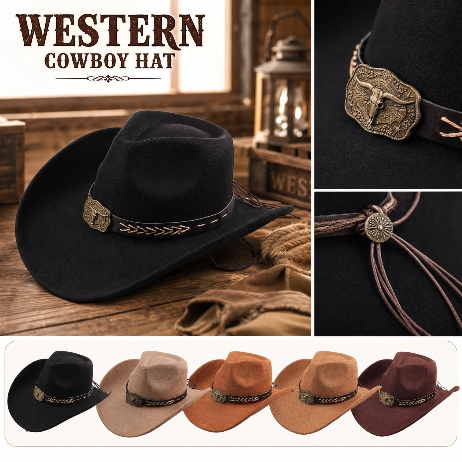 Cowboy Hats for Women Western Felt Jazz Hat with Bull Skull Buckle ...