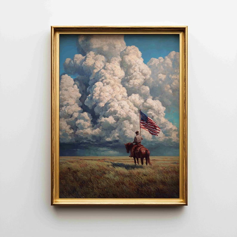 Cowboy Holding American Flag Poster, Vintage Western Painting, Rustic ...