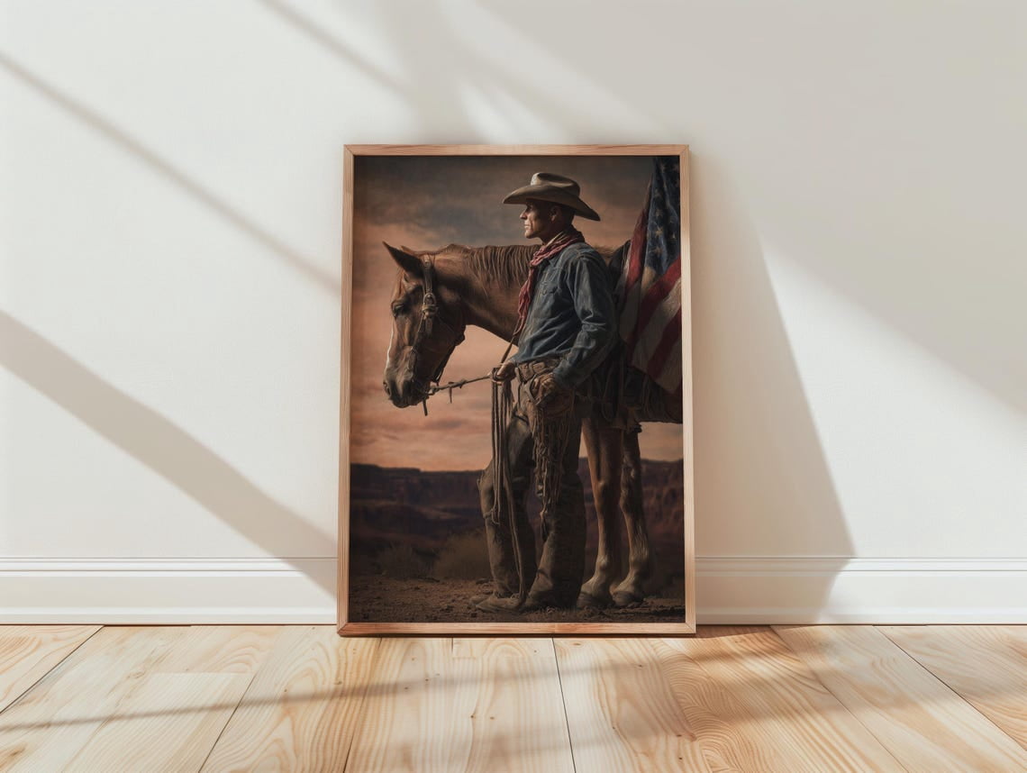 Cowboy Horse American Flag Desert Landscape Print, Rustic Western Wall ...
