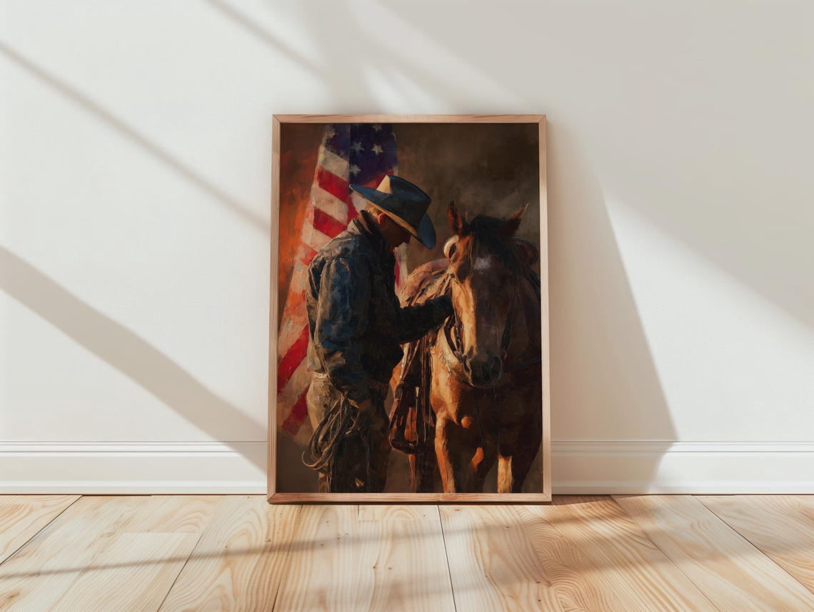 Cowboy Horse American Flag Rustic Western Wall Art, Stretched Canvas ...