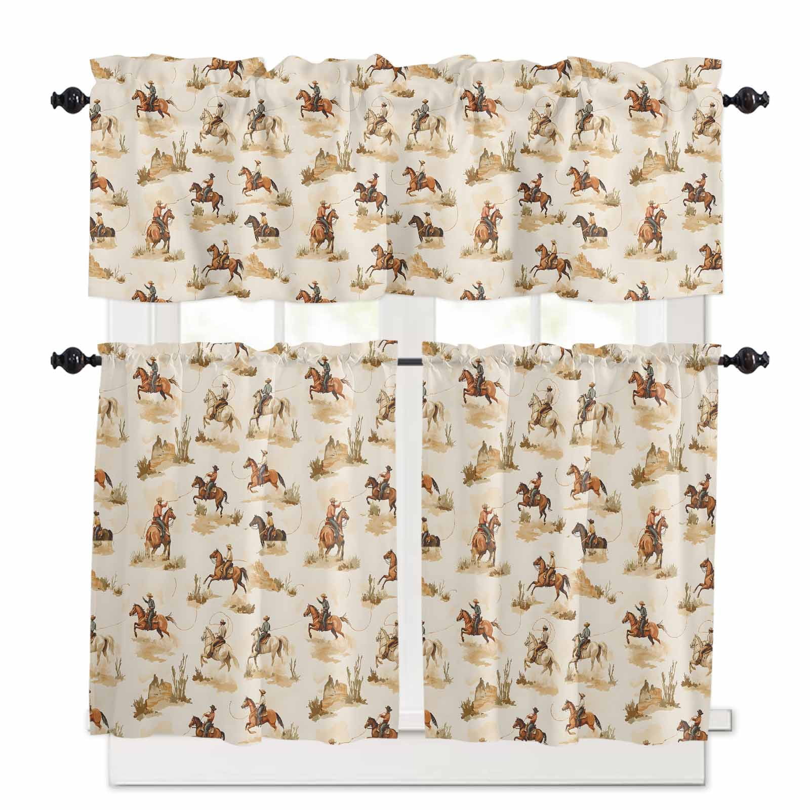 Cowboy Horse Kitchen Curtains Valance and Tier Set Country Watercolor ...